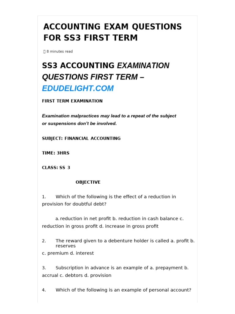Accounting Exam Questions For Ss3 First Term502 | PDF | Debits And Credits | Dividend