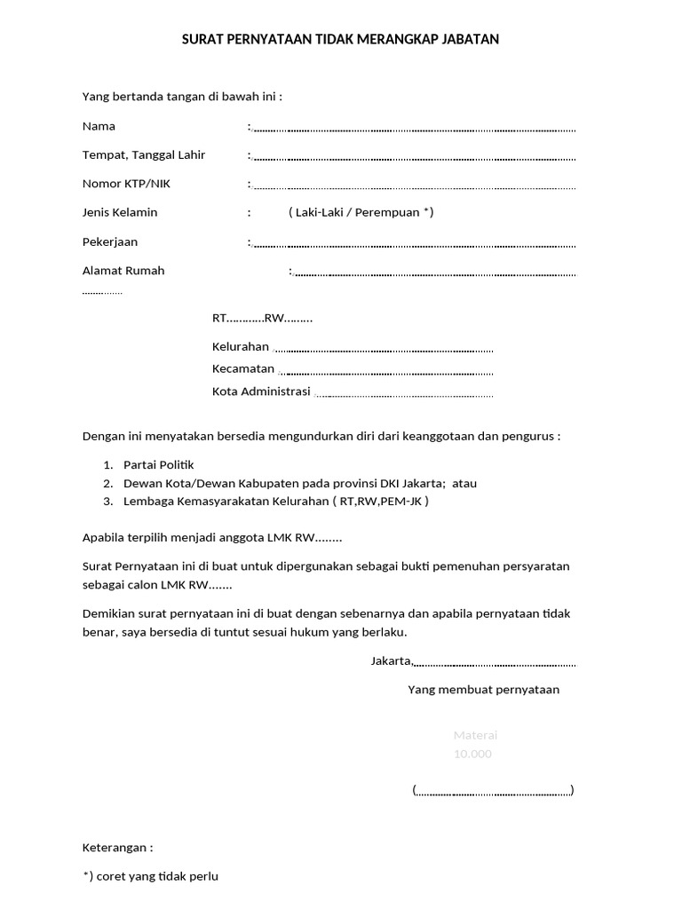 Surat Pernyataan Tidak Merangkap Jabatan LMK | PDF