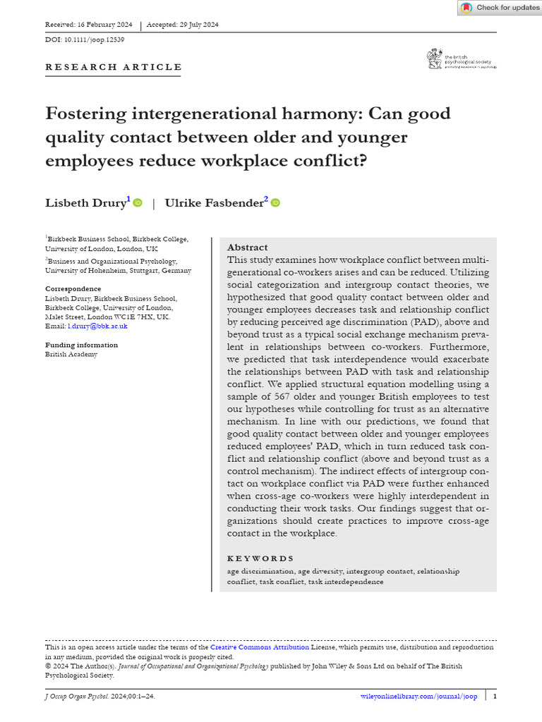 J Occupat Organ Psyc - 2024 - Drury - Fostering Intergenerational ...