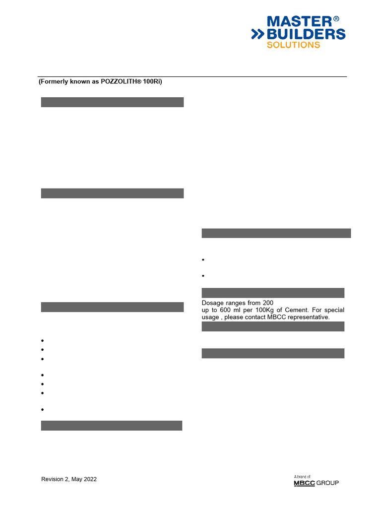 06C. MasterPozzolith RT 100 - R2, May 2022 | PDF | Concrete | Building ...