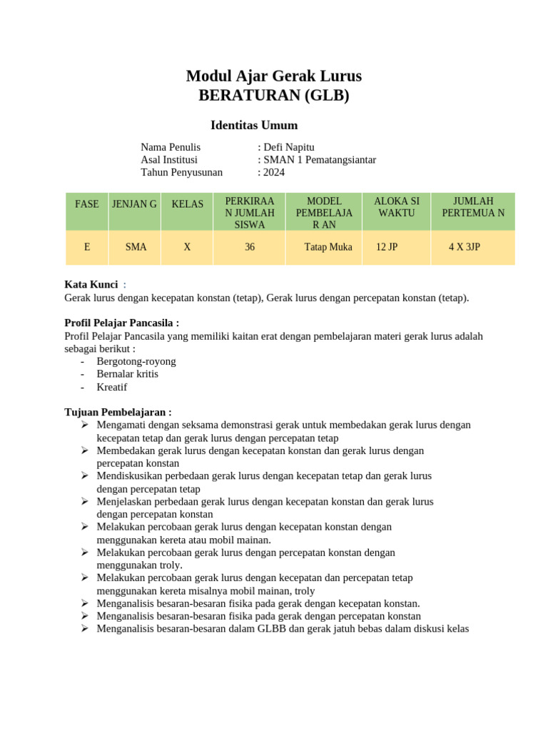 Modul Ajar Gerak Lurus Beraturan | PDF