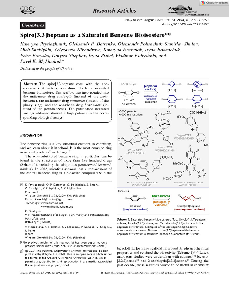 Angew Chem Int Ed - 2024 - Prysiazhniuk - Spiro 3 3 Heptane As A ...