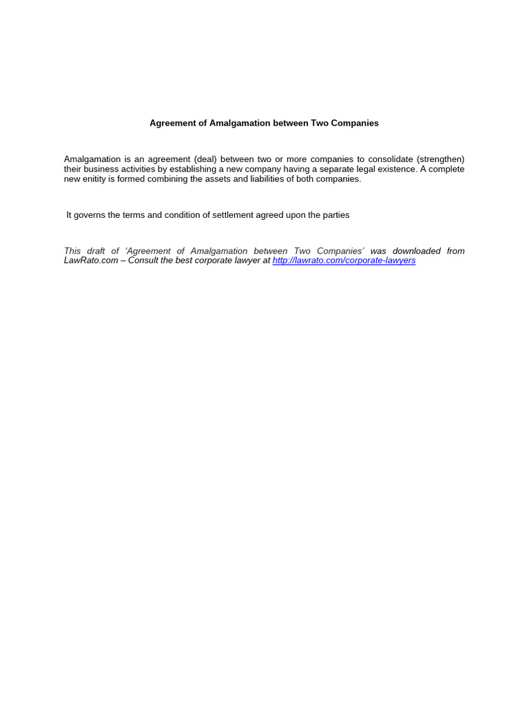 Agreement of Amalgamation Between Two Companies LawRato3 | PDF ...