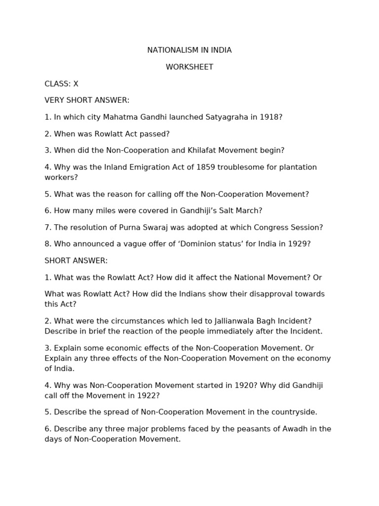 Class X Nationalism Worksheet | PDF | Mahatma Gandhi | Politics Of India