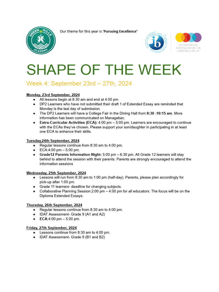 Week 4 Schedule: Pursuing Excellence | PDF | Behavior Modification ...