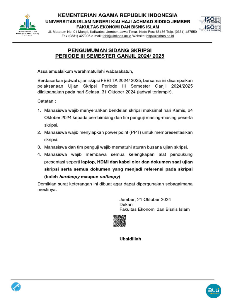 Pengumuman Sidang Skripsi FEBI | PDF