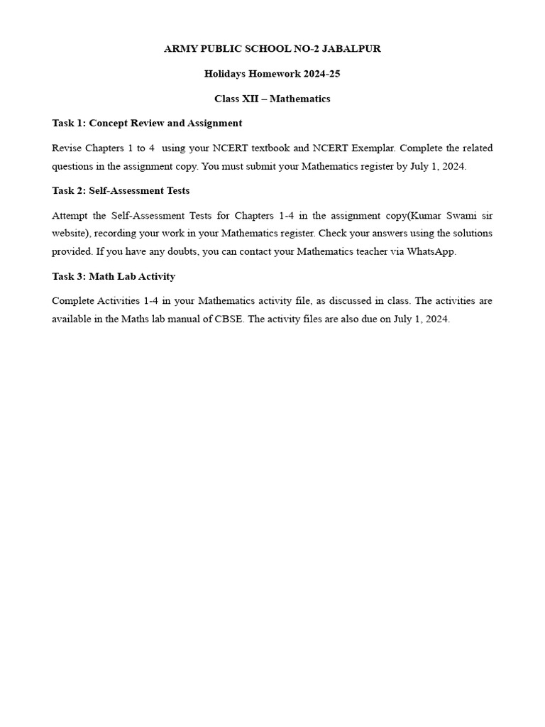 Class Xii Maths Holidays Homework 2024-25 | PDF | Career & Growth ...