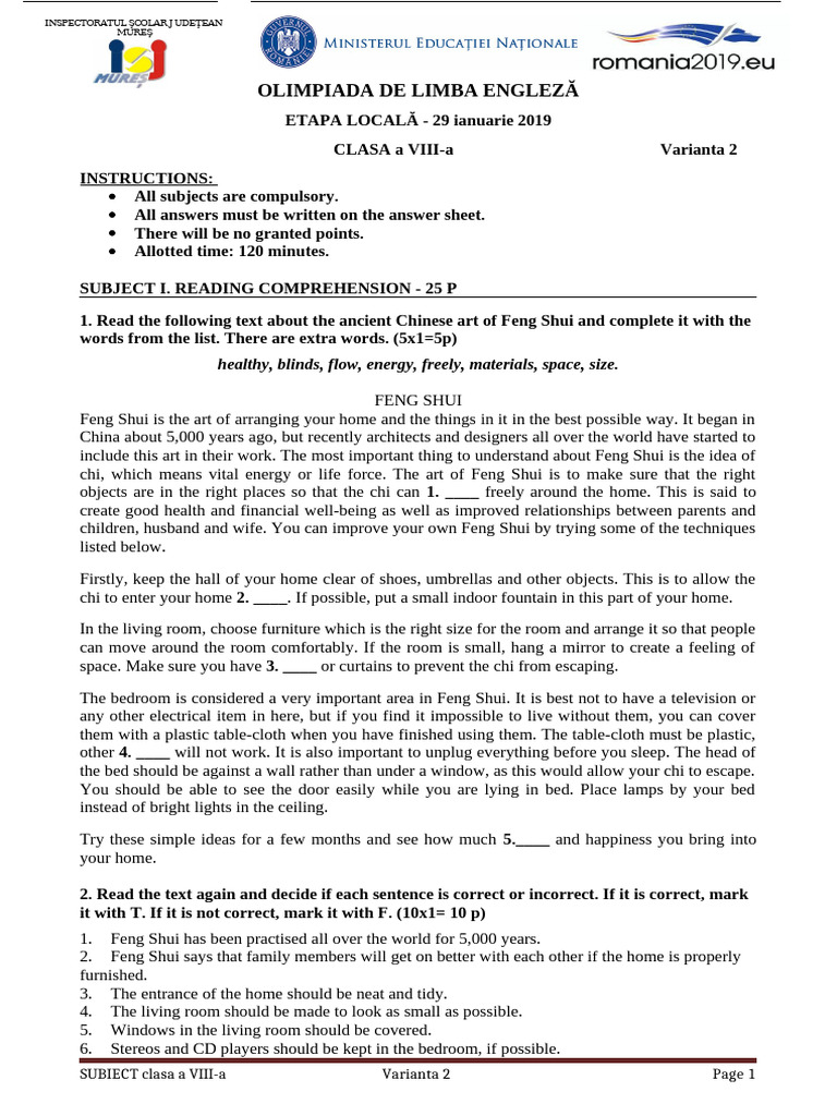 Ole 2019 Clasa-Viii Faza-Zonala Varianta-2 | PDF | Vocabulary | Qi