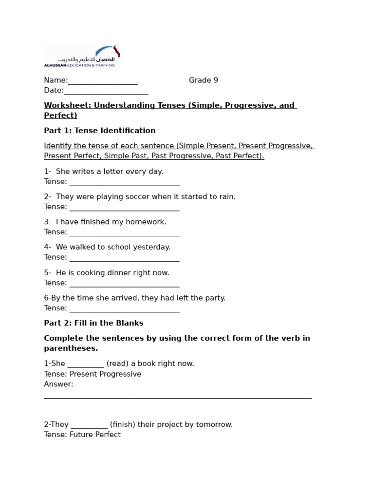 Grade 9 Tenses Worksheet | PDF | Grammatical Tense | Perfect (Grammar)