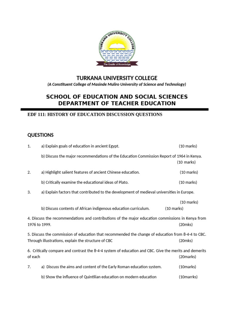 Edf 111 History of Education Discussion Questions | PDF