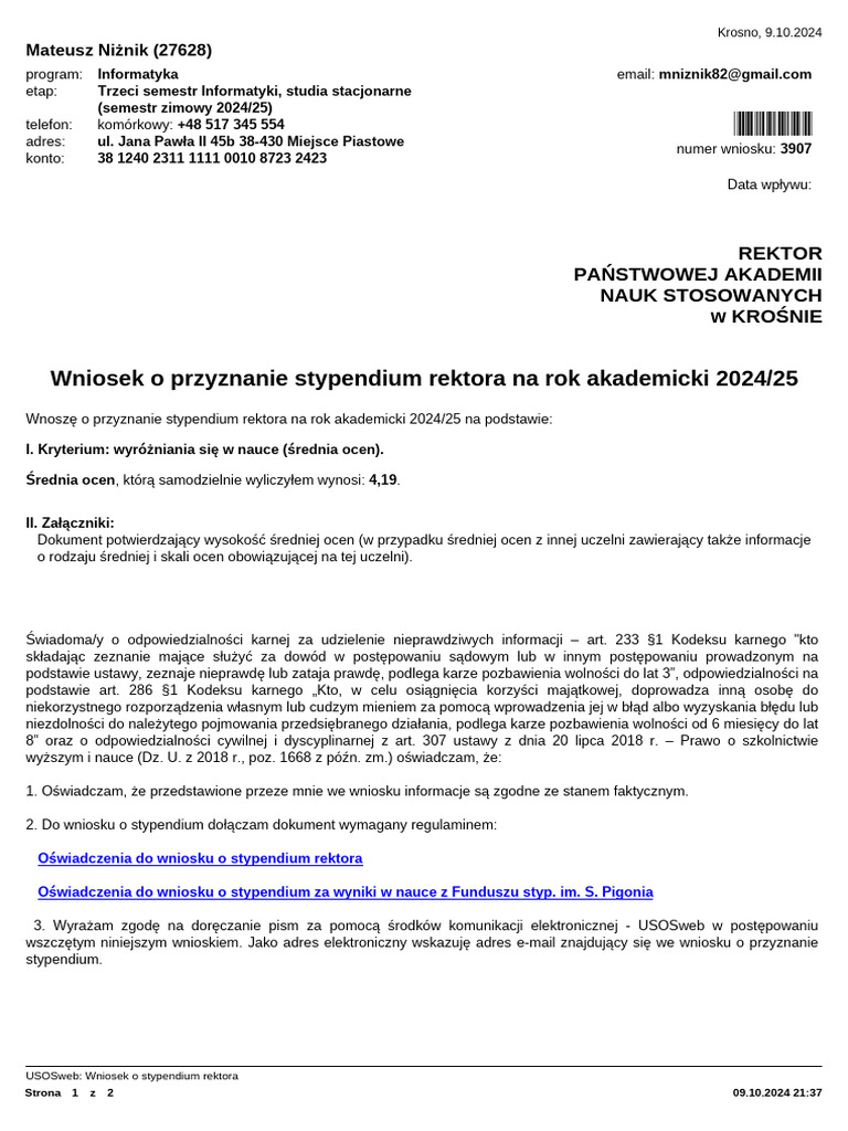 Wniosek o Stypendium Rektora 2024-10-09 | PDF