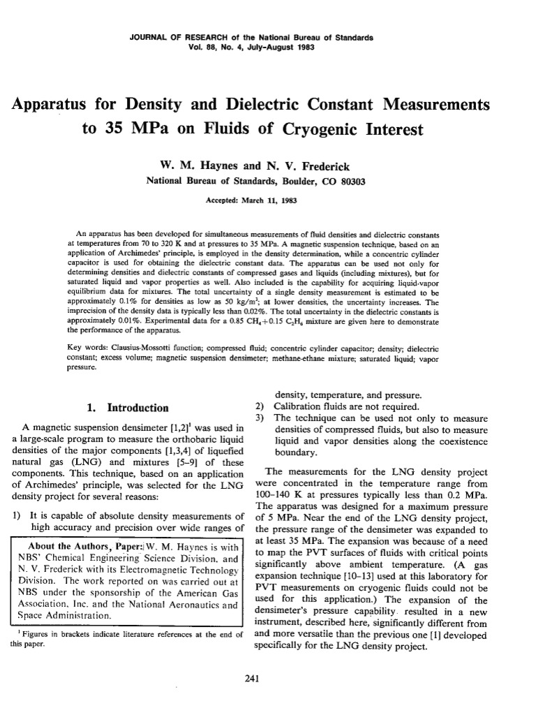 To 35 Mpa On Fluids of Cryogenic Interest: Apparatus For Density and ...