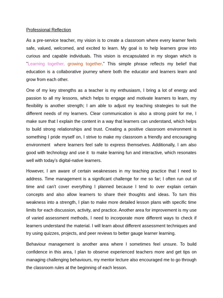 Professional Reflection Assignment | PDF | Mentorship | Learning