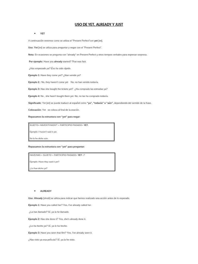 Uso de "Yet" y "Already" en Inglés | PDF | Language Mechanics | Grammar