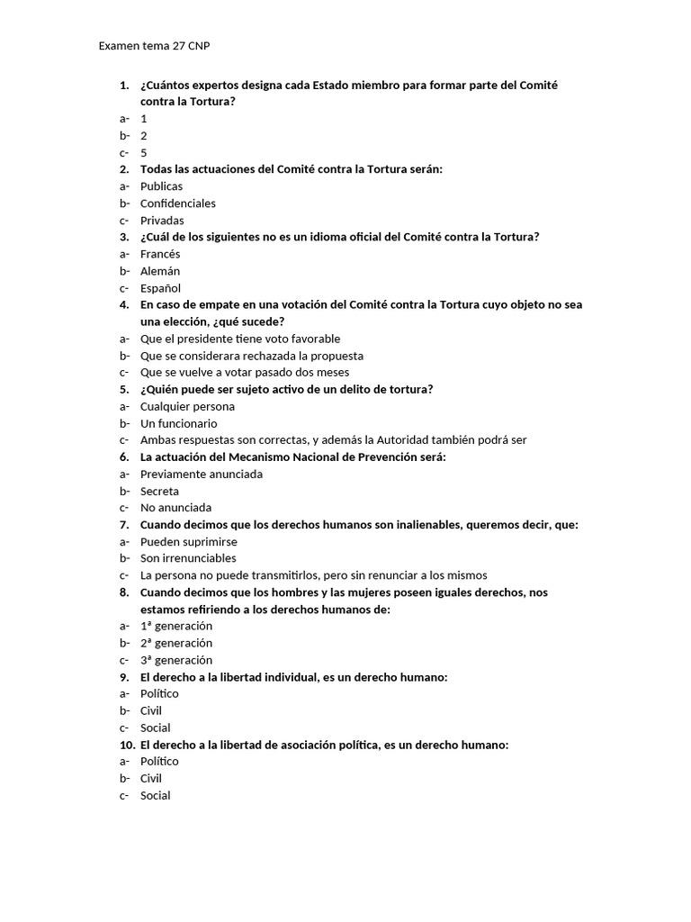 Examen Tema 27 CNP | PDF | Tortura | Derechos humanos