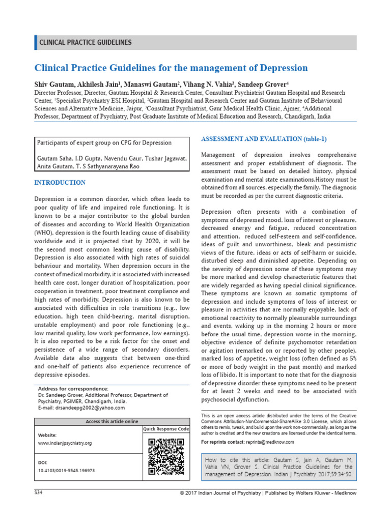 Tema 5. No LO. Clinical Practice Guidelines for the Management of Depression | PDF | Major ...