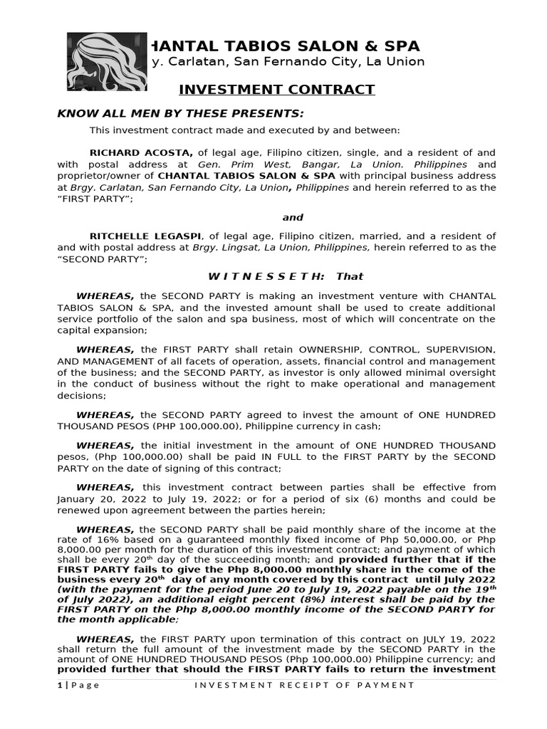 Investment Contract Acosta Beauty Salon & Spa | PDF | Investing | Economies
