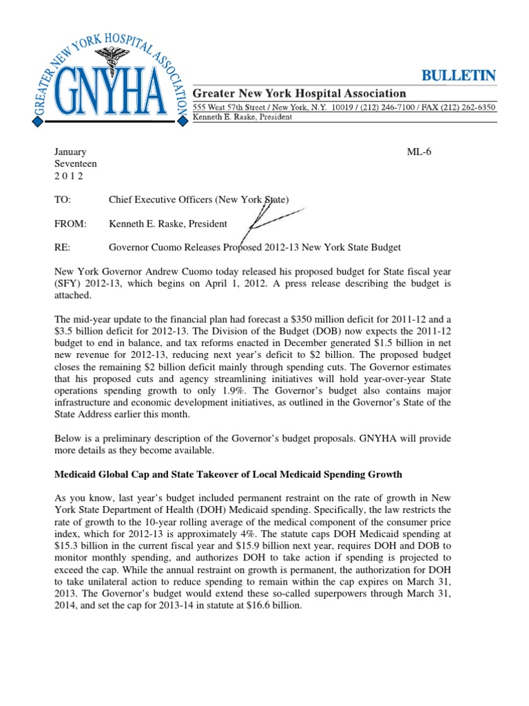 GNYHA Memo New York State Budget 2012 | PDF | Patient Protection And ...