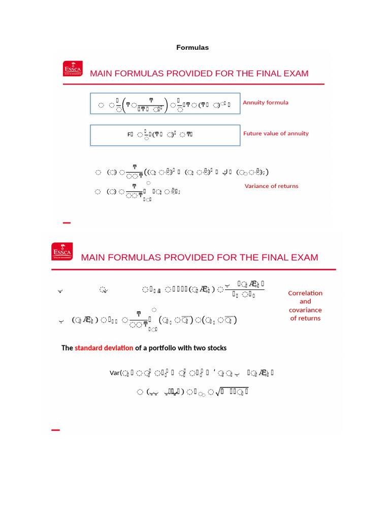 Main Formulas Provided For The Exam | PDF | Variance | Beta (Finance)