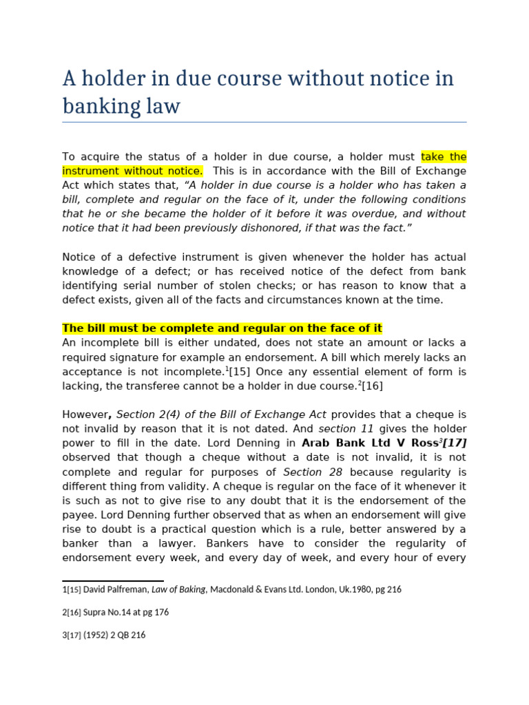 Banking Law: Holder in Due Course | PDF