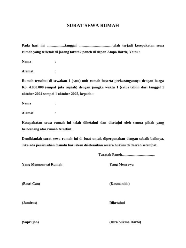 Surat Sewa Rumah | PDF