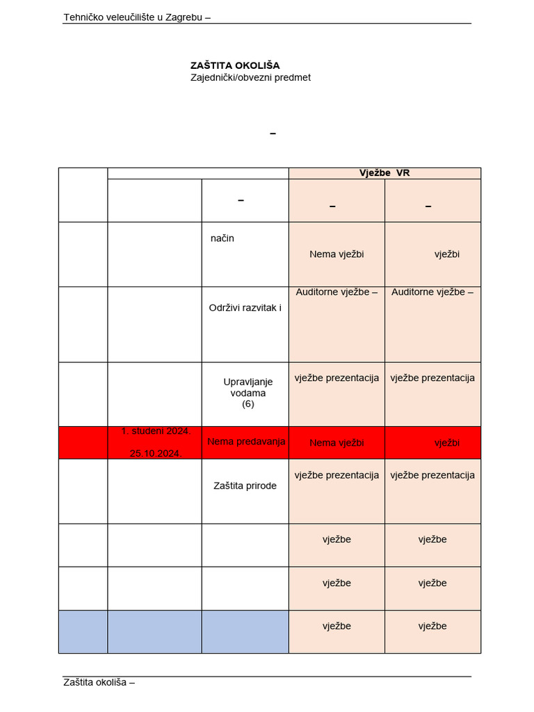 Raspored Nastave ZAŠTITA OKOLIŠA 24 25-Redovni | PDF