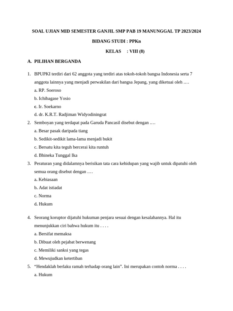 Soal Ujian Mid Semester Ganjil SMP Pab 19 Manunggal Kelas 8-1 | PDF