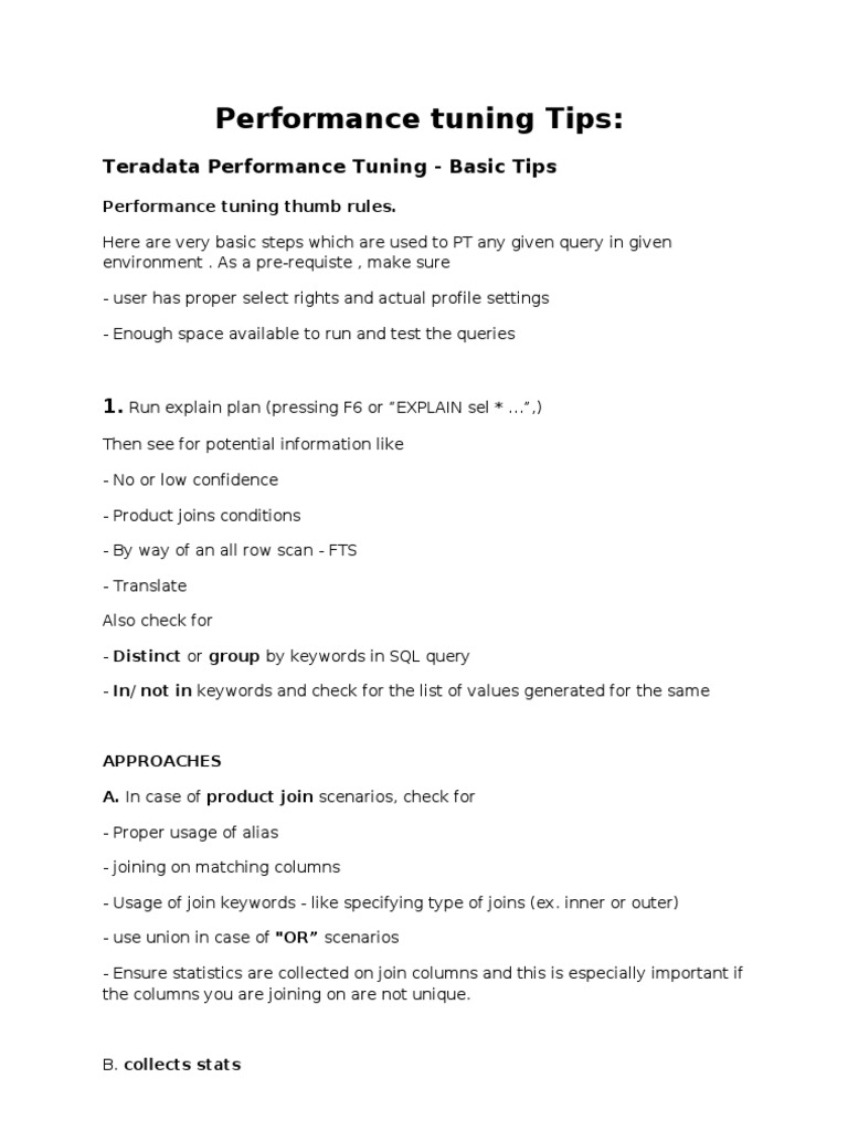 Teradata Performance Tuning - Basic Tips | PDF | Database Index | Data ... Teradata Performance Tuning - Basic Tips | PDF | Database Index | Data ...