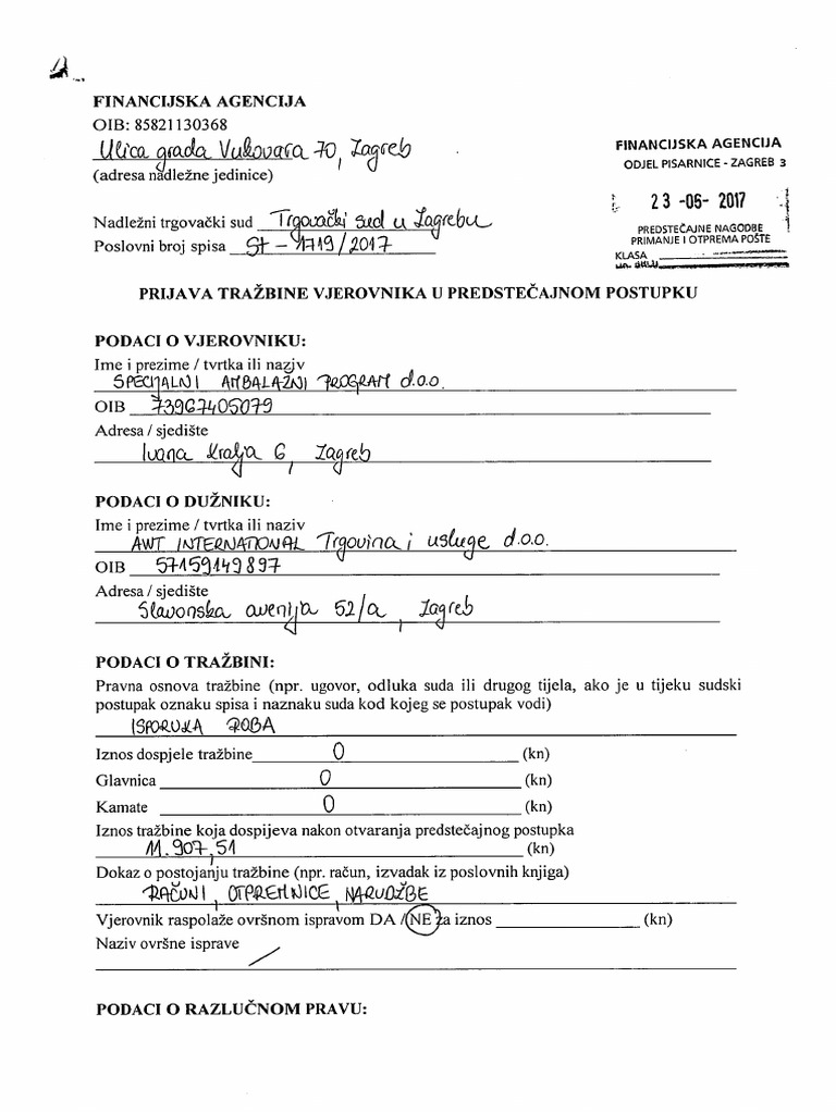 Prijava Tražbine SPECIJALNI AMBALAŽNI PROGRAM D.O.O. | PDF