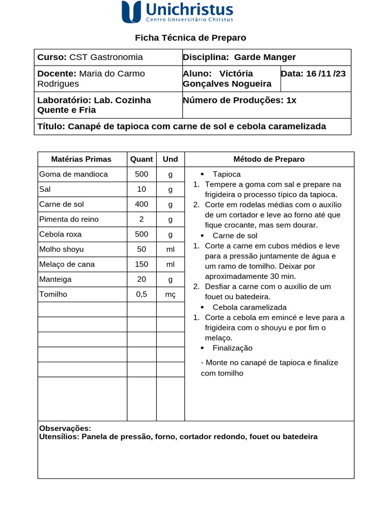 Ficha Técnica e Custos - Canapé de Tapioca Com Carne de Sol e Cebola ...