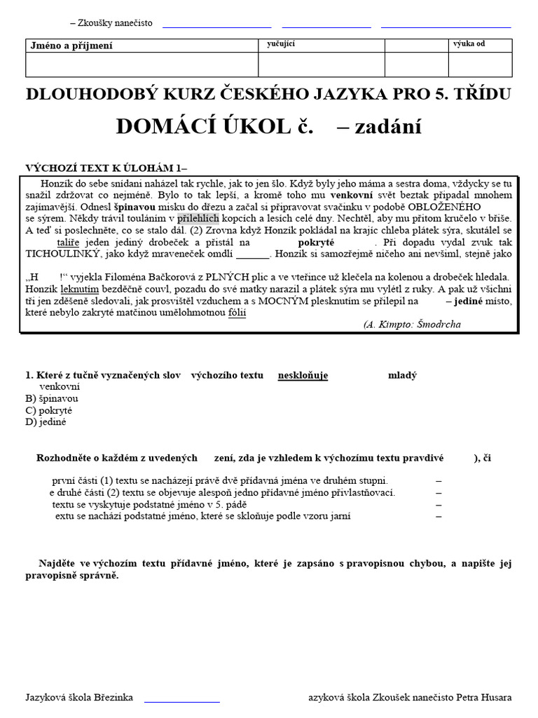 Dlouhodoby Kurz 5. Trida - 9. Lekce - DU Zadani | PDF