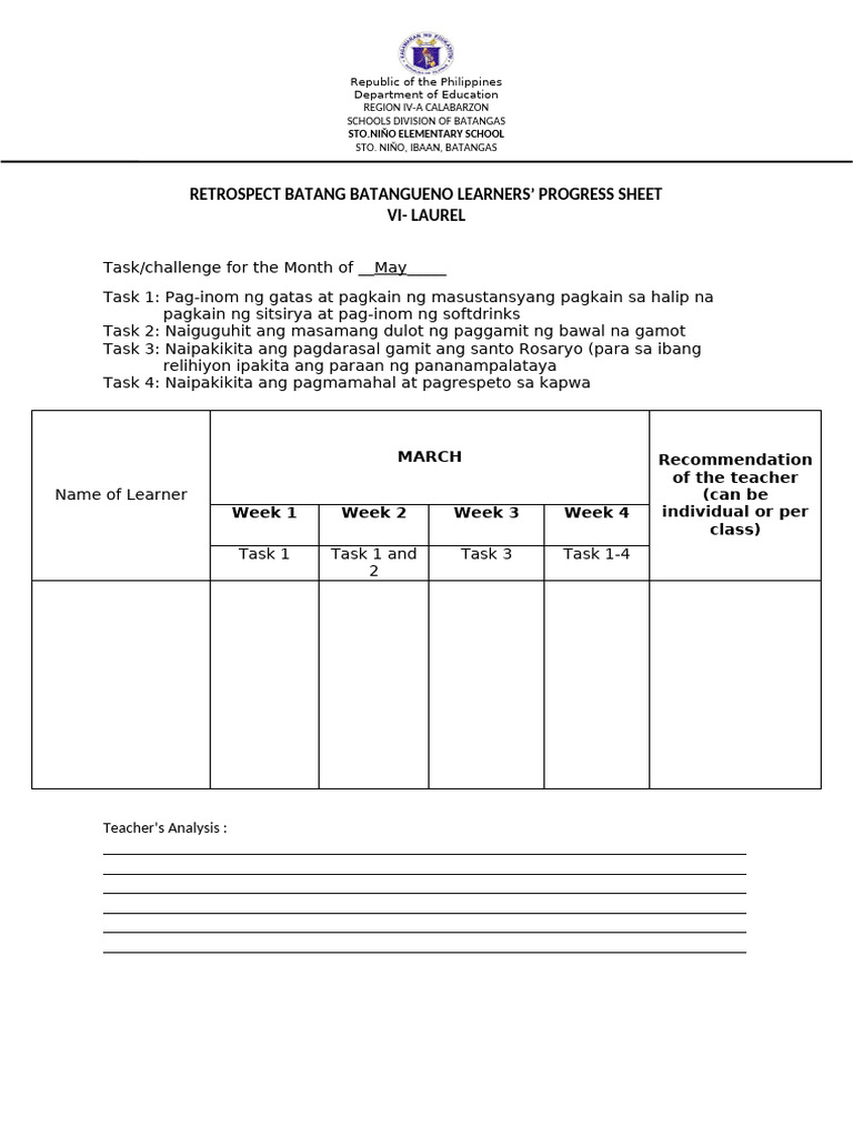 GRADE VI RBB Learners Progress Sheet | PDF | Philippines