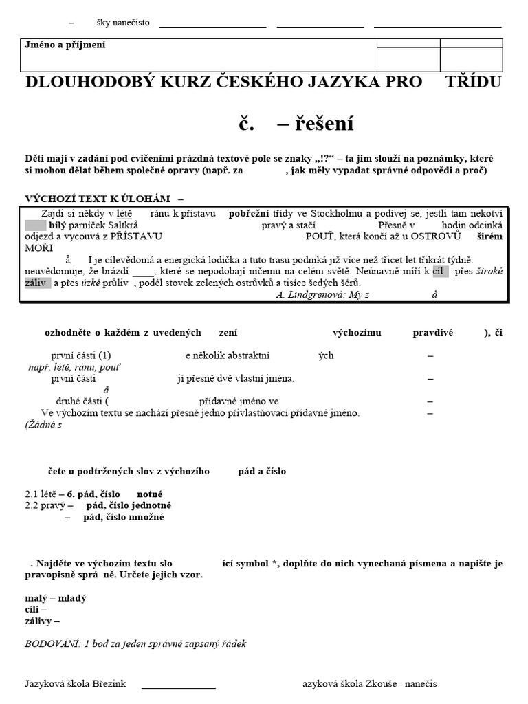 Dlouhodoby Kurz 5. Trida - 9. Lekce - Test Reseni-1 | PDF