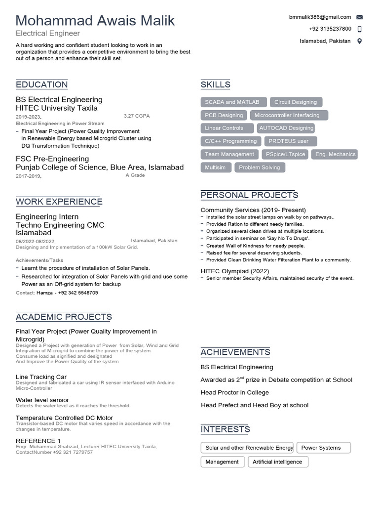 Awais Malik CV | PDF | Electrical Engineering | Power (Physics)