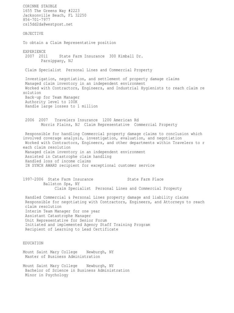 Claim Representative Resume - Corinne Stauble | PDF | Finance & Money ...