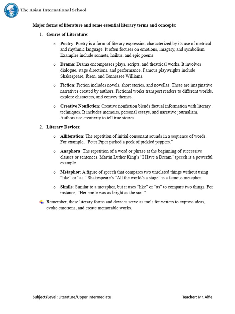 Major Forms of Literature & Literary Terms and Concepts | PDF | Poetry ...