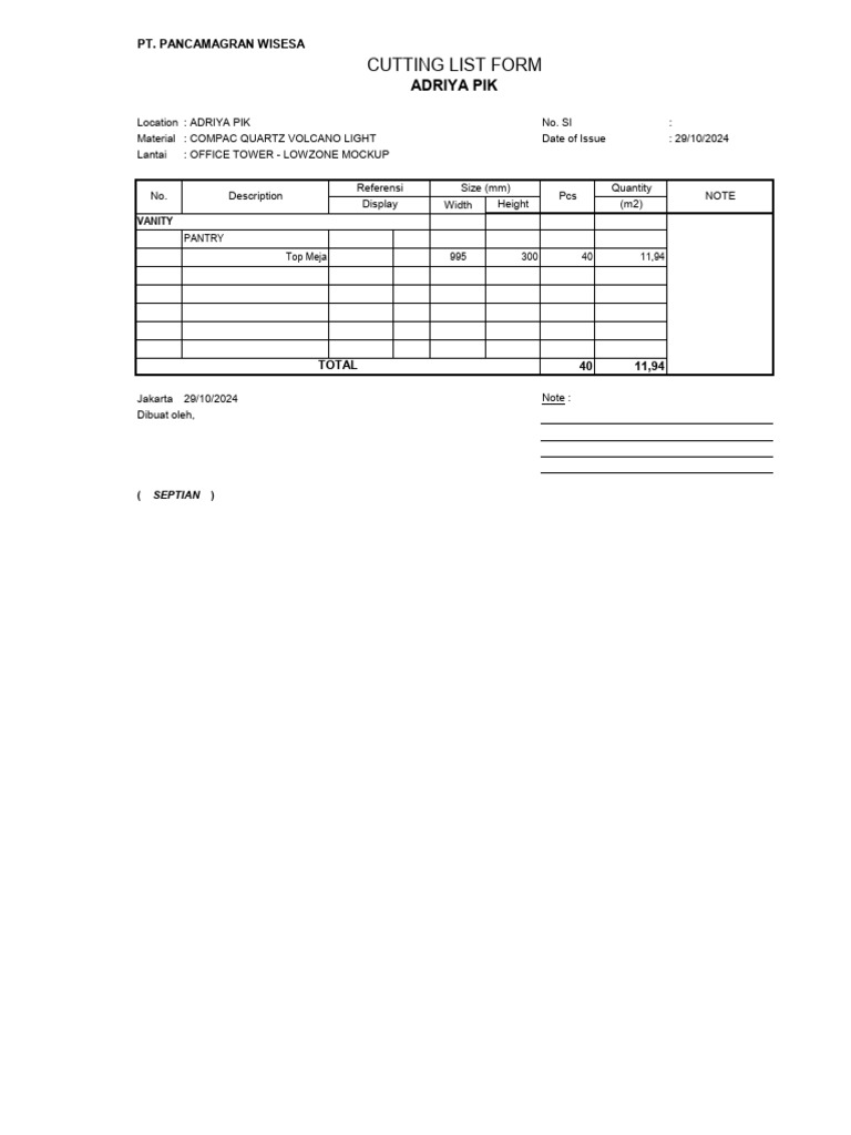 Cutting List Meja Office - Highzone | PDF