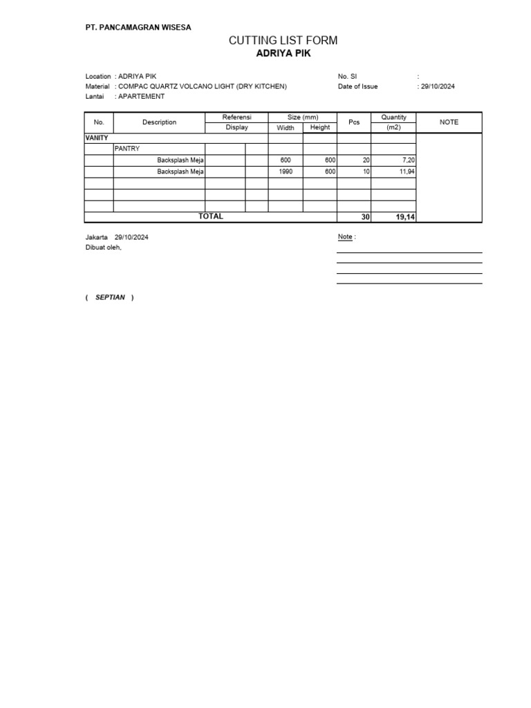 Cutting List for Adriya Pik Project | PDF