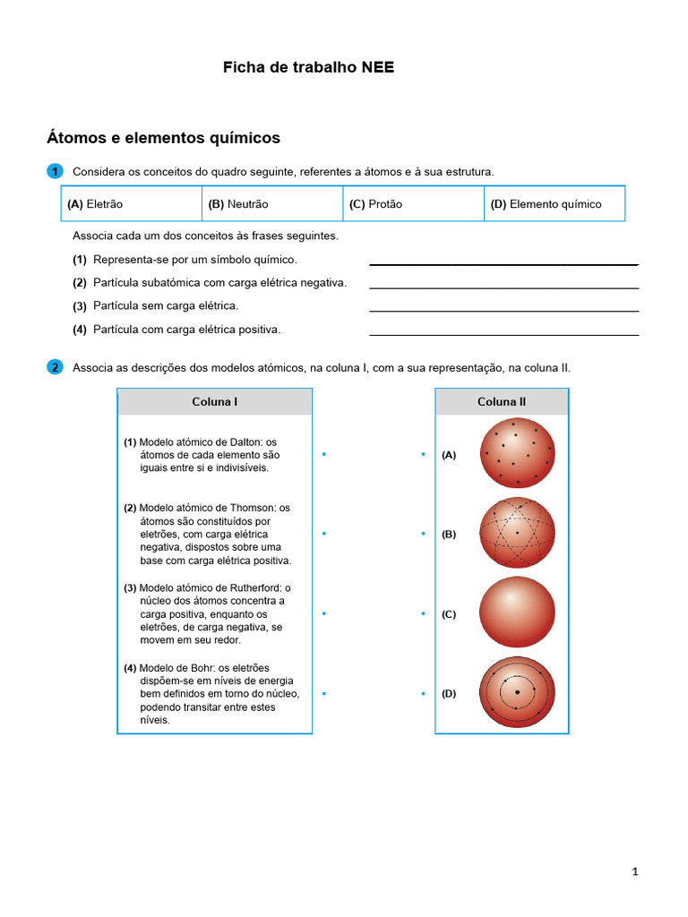 Ficha NEE 8 Ano Atomos e Elementos Quimicos | PDF | Átomos | Núcleo atômico