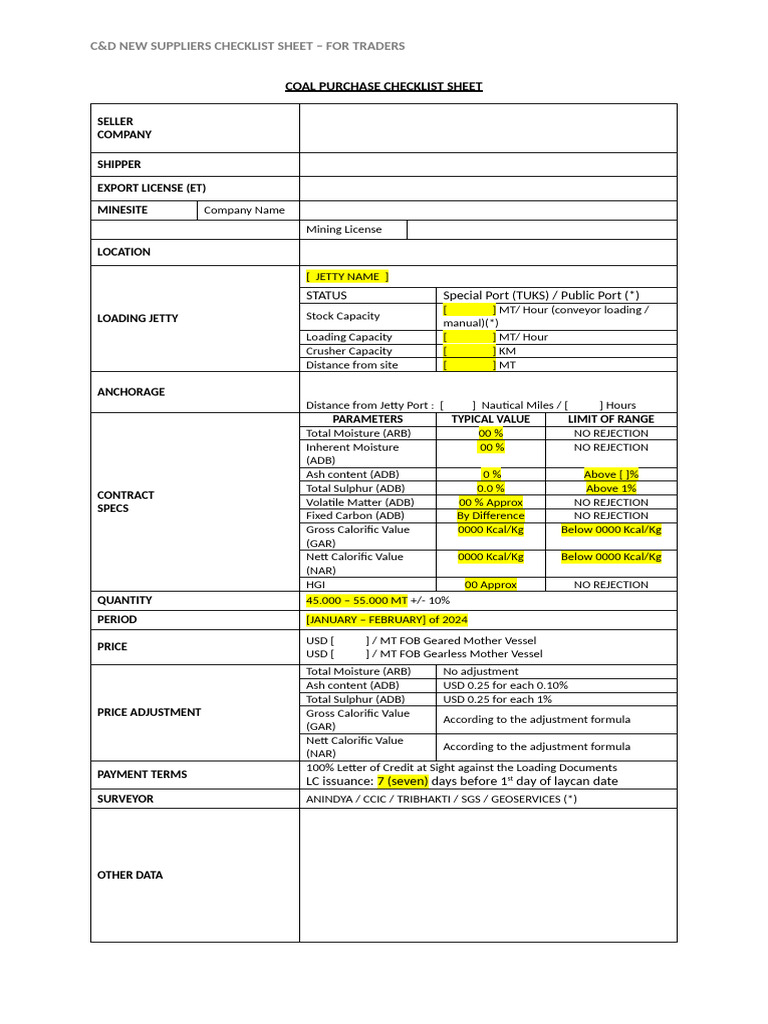 CND Coal SPA Check List Sheet for TRADERS | PDF