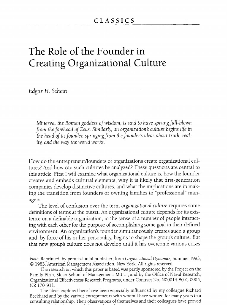 SCHEIN - The Role of The Founder Organiz Culture | PDF ...