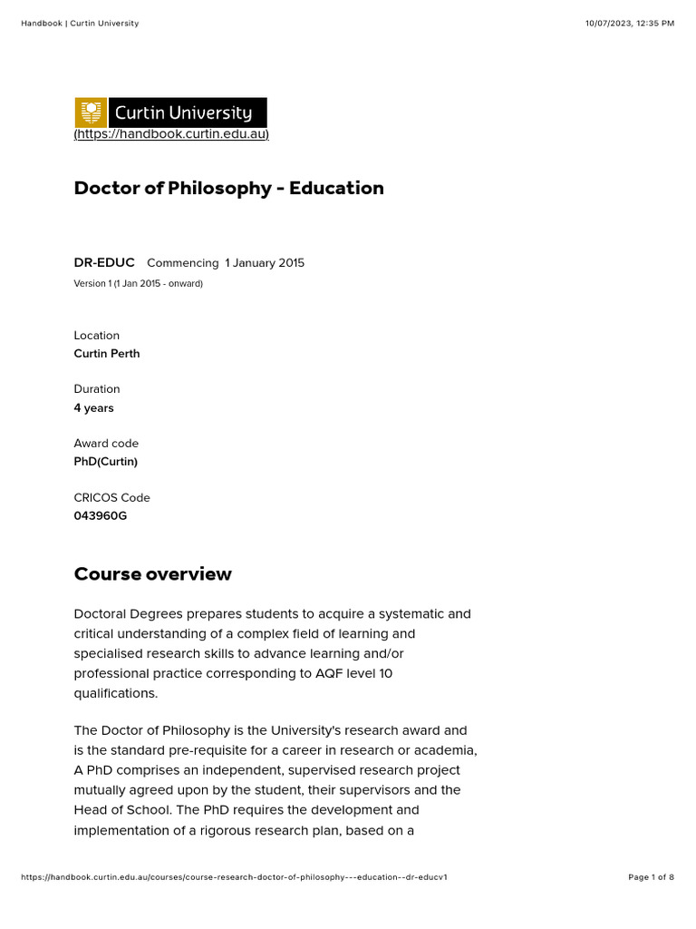 Handbook - Curtin University | PDF | Thesis | Academic Degree