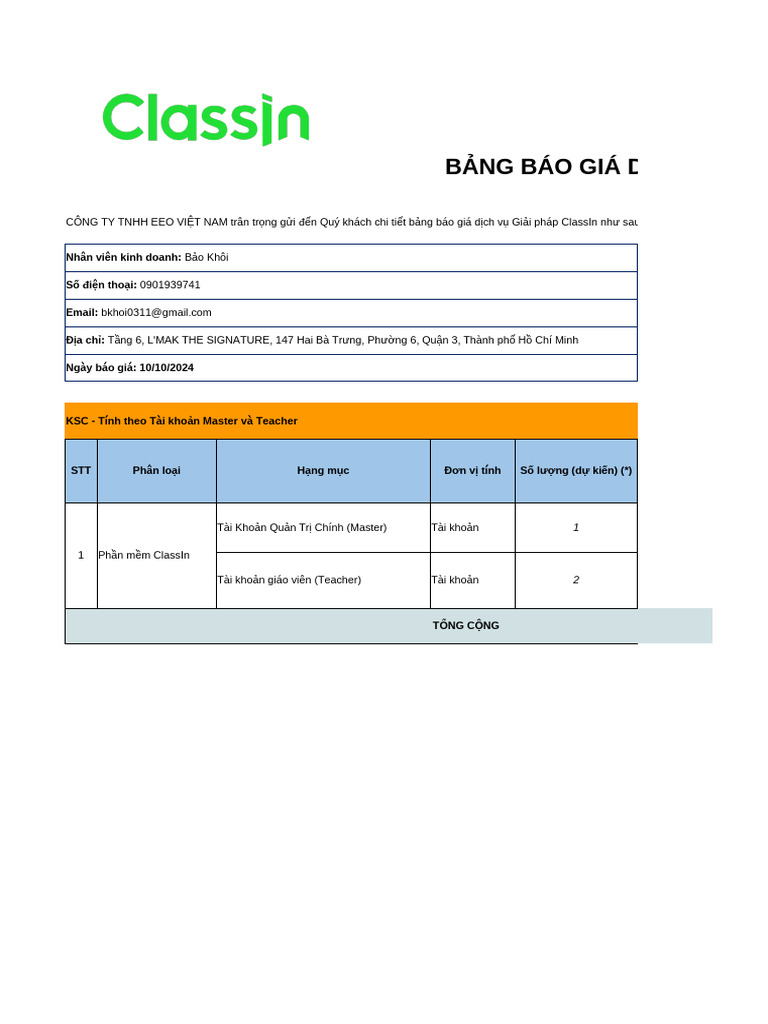 IPG - EEO Vietnam - Biểu Phí Đề Xuất ClassIn Phương Án 1 - 10102024 | PDF
