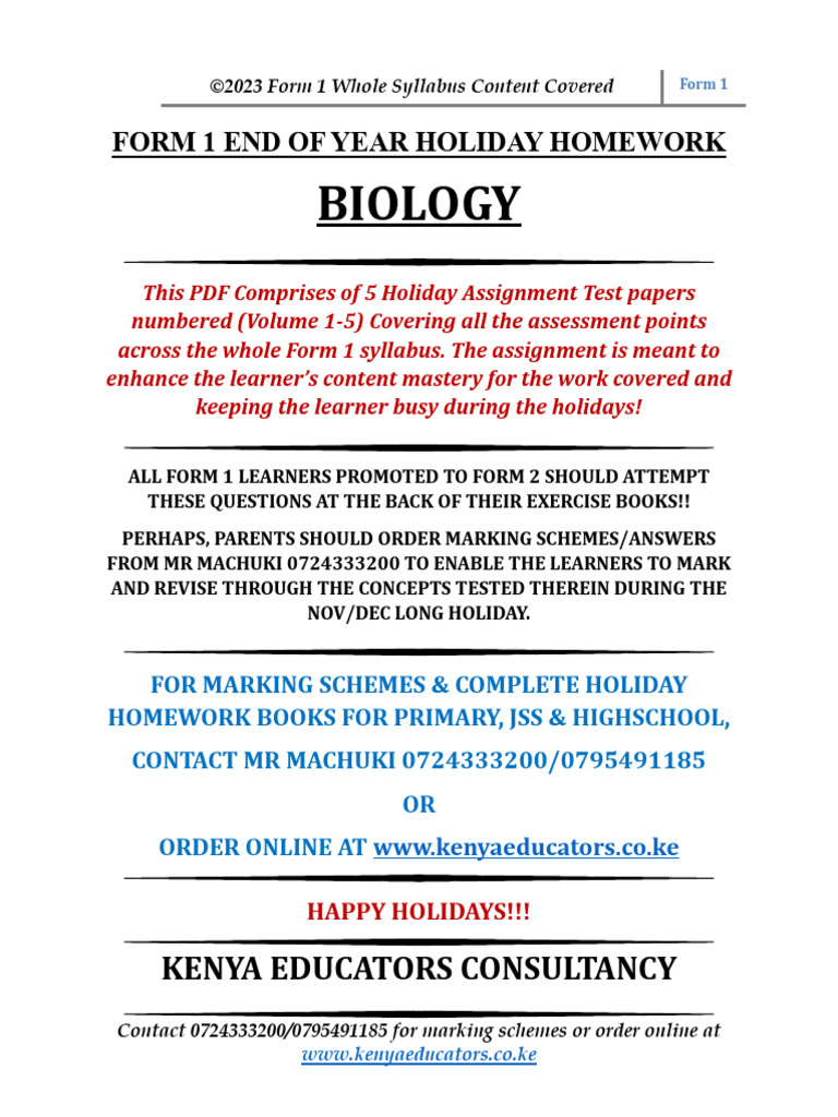 Form 1 Biology Holiday Homework | PDF | Cell Biology