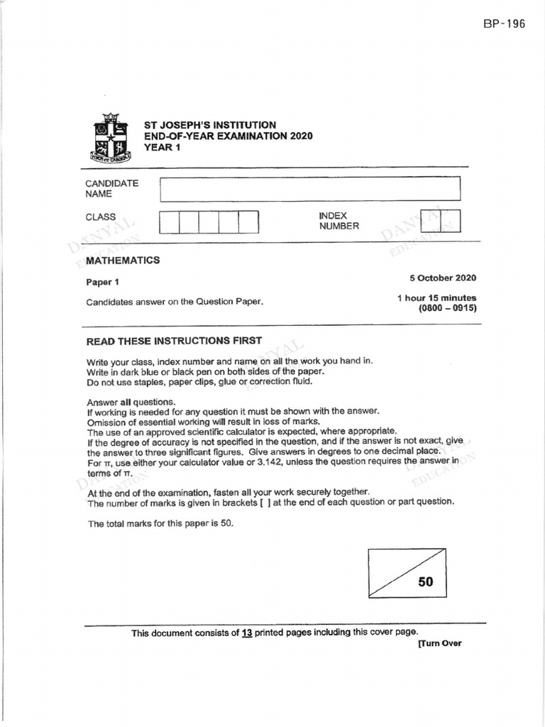 Year 1 Math Exam Paper 2020 | PDF | Mathematics | Arithmetic