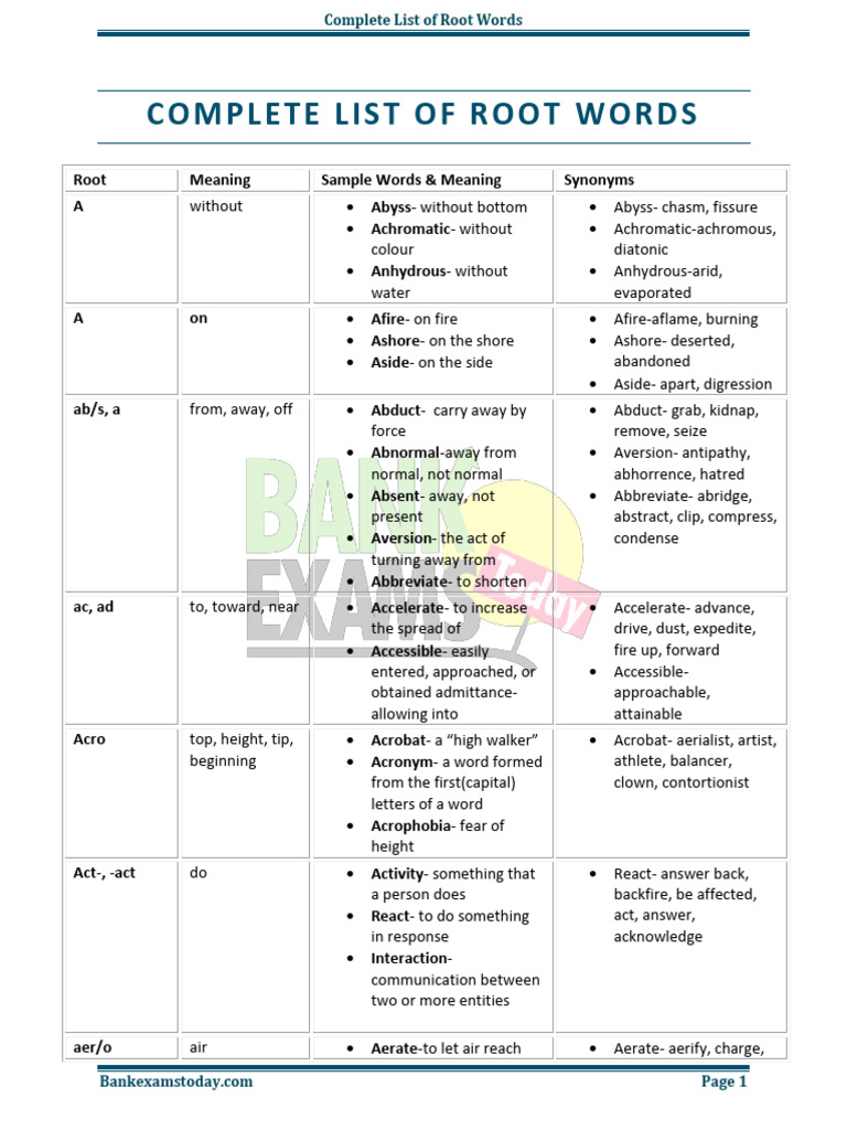 Complete List of Root Words | PDF | Nature