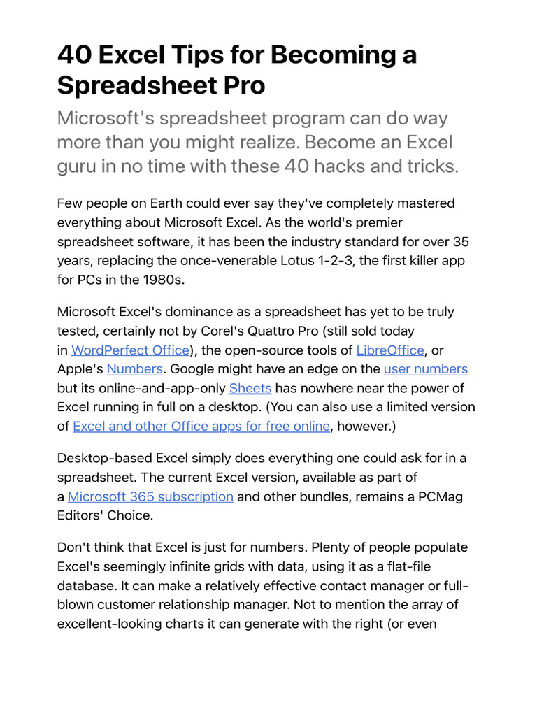 40 Excel Tips For Becoming A Spreadsheet Pro - PCMag | PDF | Microsoft Excel | Spreadsheet