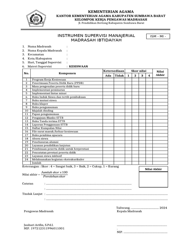 04 Instrumen Supervisi Manajerial Kesiswaan1 | PDF