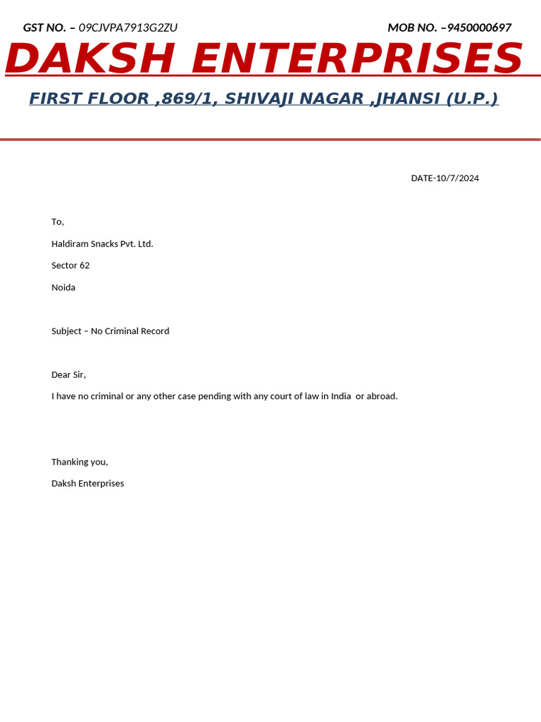 Daksh Enterprise Letter Head | PDF | Business | Finance & Money Management