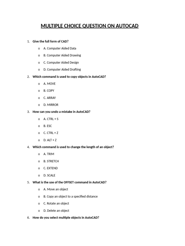 Multiple Choice Question On Autocad | PDF | 3 D Computer Graphics | 3 D Modeling